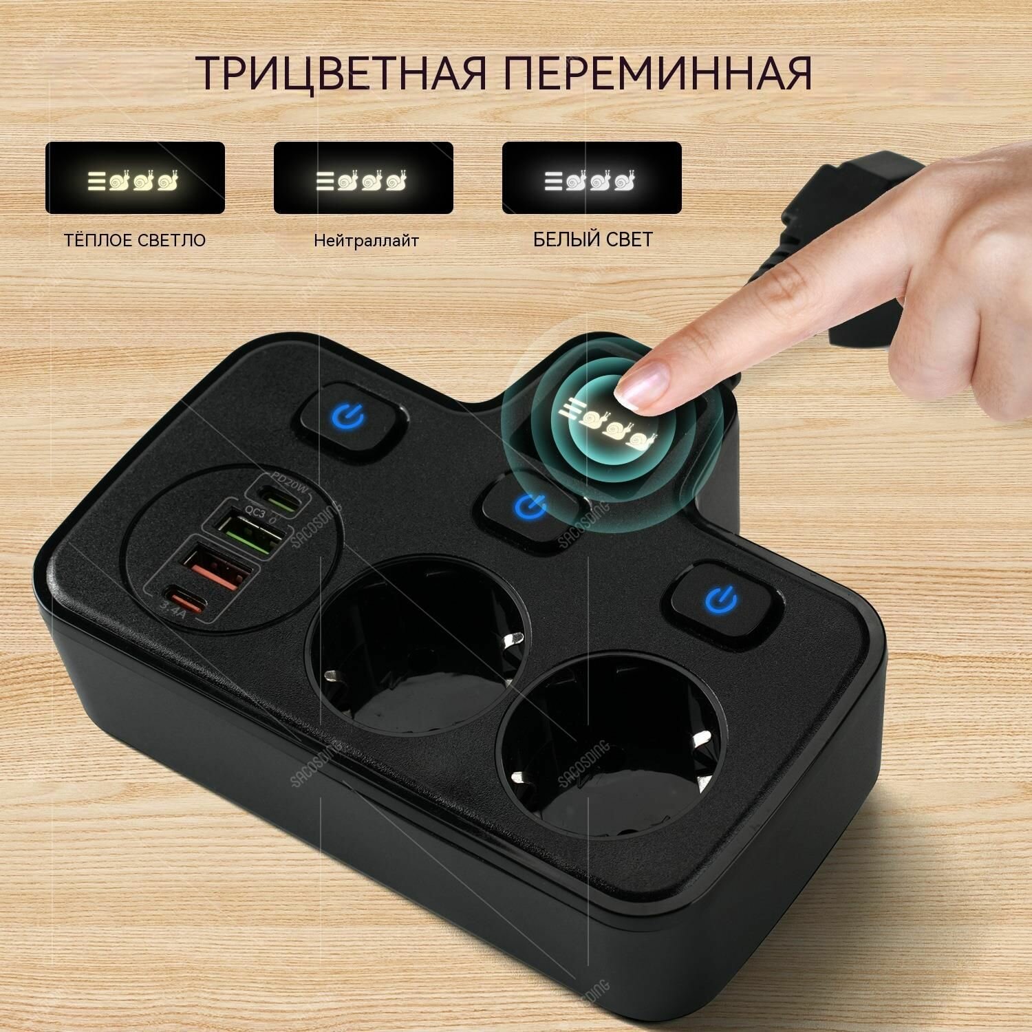 Быстрая зарядка 20W PD: 2 EU розетки, порты PD/QC3.0/USB, с выключателем. Сертификация EU, сетевая зарядная станция