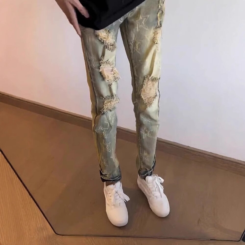 Тренд RONG CH Мужские Джинсы Американские Потертые Расширенные Вышивка Деним, Размер_L