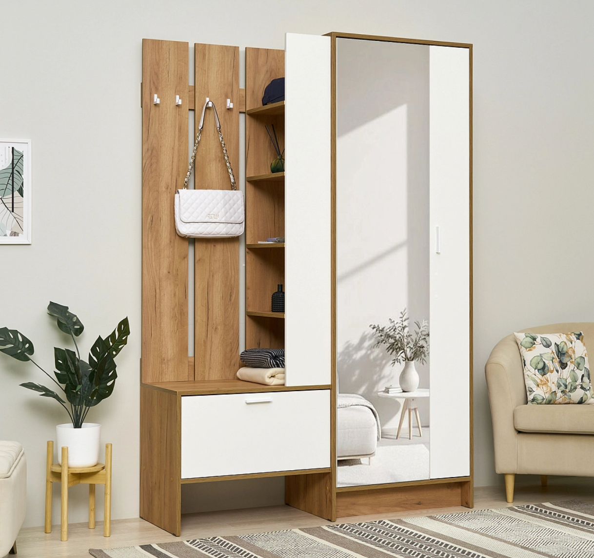 Прихожая шкаф с зеркалом, (135х200х45,5 см) дуб крафт золото / белый