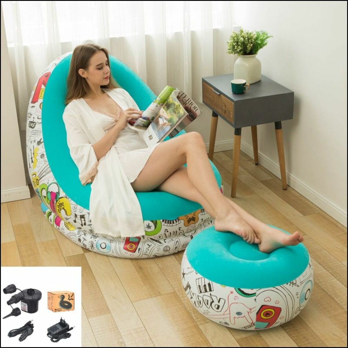 Эксклюзивный надувной диван с подставкой для ног комплектуется универсальным насосом и ремонтным набором, предназначенный для комфортного отдыха дома и в автомобиле