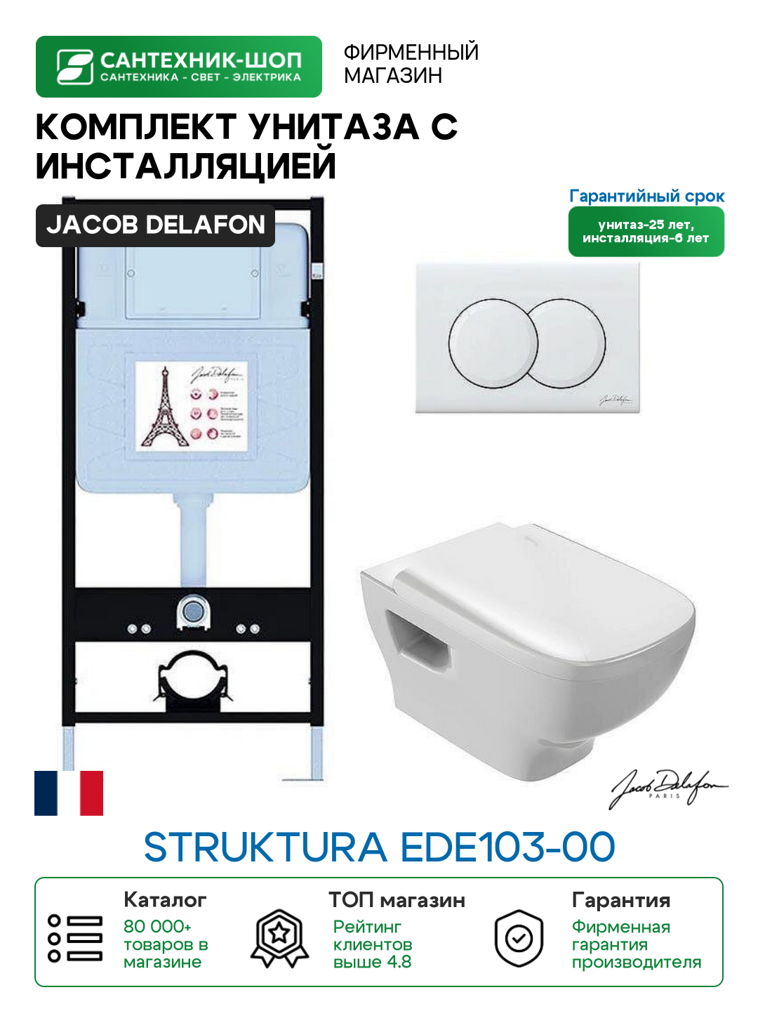 Комплект унитаза с инсталляцией Jacob Delafon Struktura EDE103-00 с сиденьем Микролифт и Белой глянцевой клавишей смыва