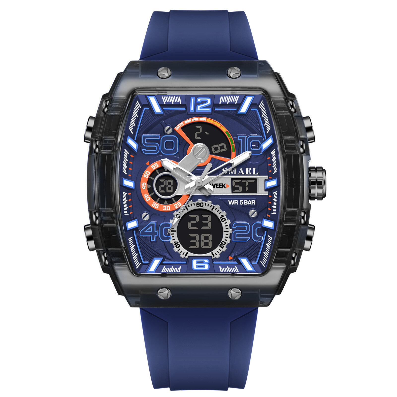 Многофункциональные спортивные электронные часы SMAEL в форме бочонка, водонепроницаемые, с двойным дисплеем, светодиодные, светящиеся, с будильником, мужские часы