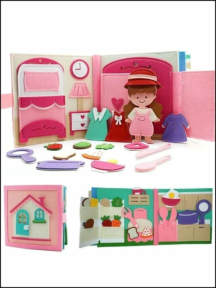 Развивающая мягкая книжка для девочек, набор для кукольного домика из фетра на липучках "Одевалка"