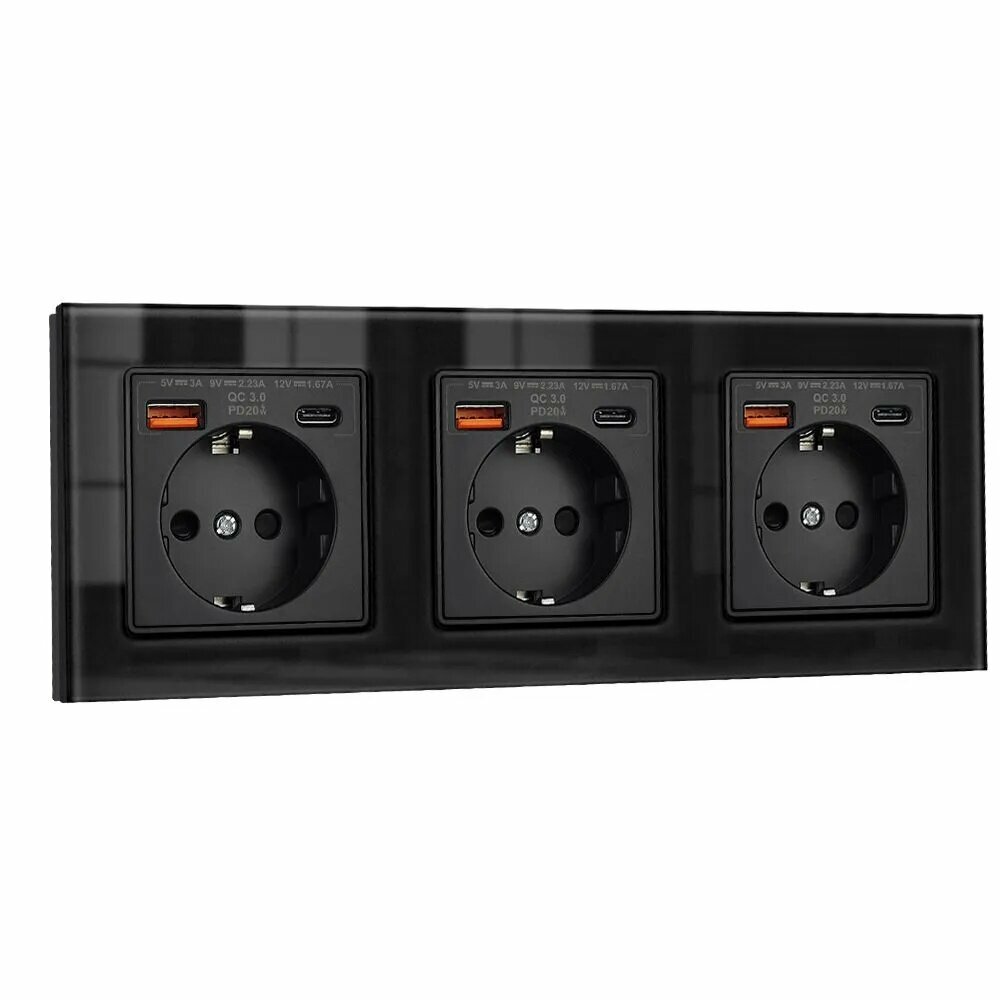 Розетка тройная с usb, Type-C быстрая зарядка 20W, закаленное стекло, черный