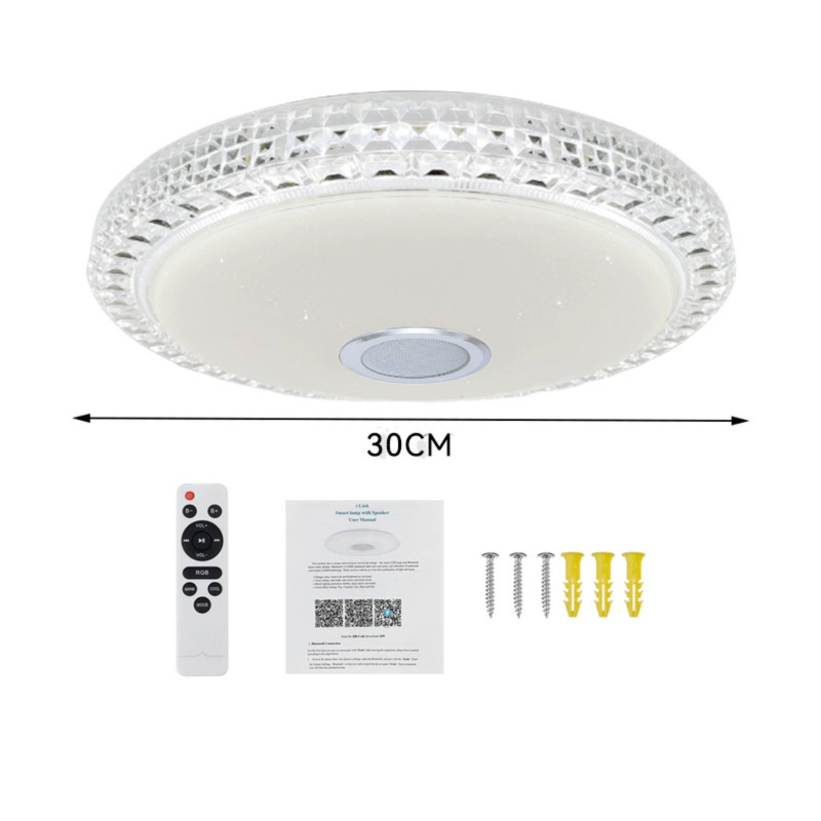 Люстра потолочная с -колонкой LED 220V с функцией фоллов спота, RGBW, управление через приложение и пульт, новая модель для кросс-бордера, диаметр 30 см, комплект: люстра + пульт + крепежные принадлежности + инструкция