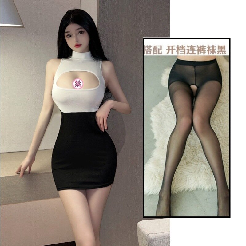 Сексуальный комплект нижнего белья для секретарши, суперсексуальная облегающая юбка, кормление грудью, страстная сцена в постели, полностью прозрачный, чувственный парный наряд. Боди + черные чулки с открытой промежностью.