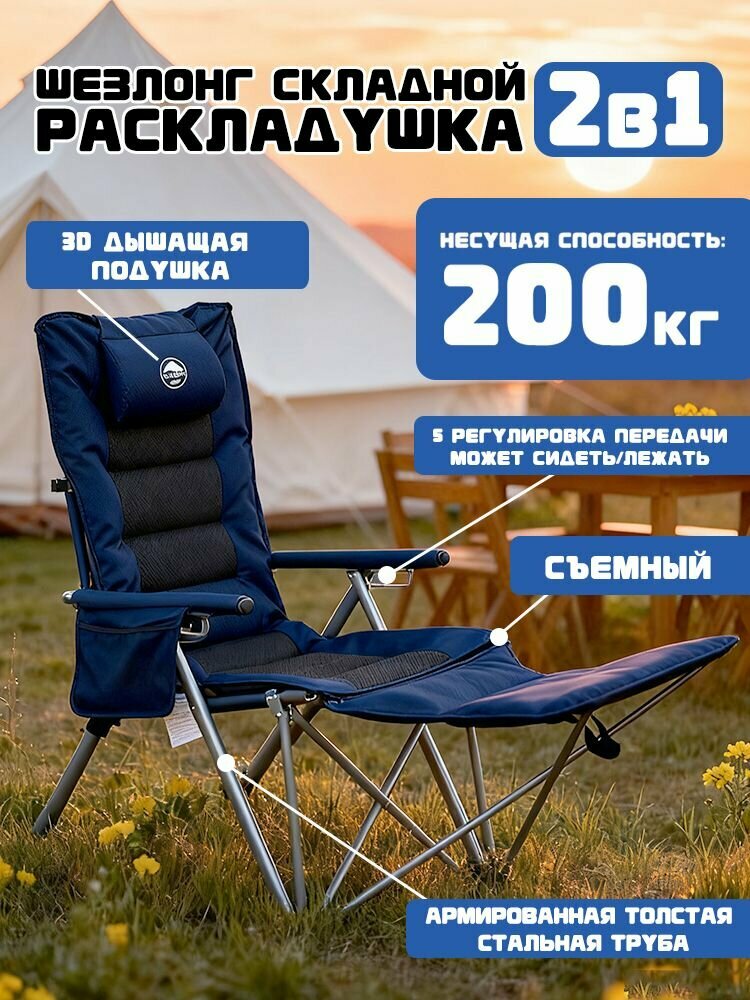 Стул туристический со спинкой; Грузоподъемность:200 кг; шезлонг/ раскладушка 2 в 1;174x50x37; Тёмно-синий.