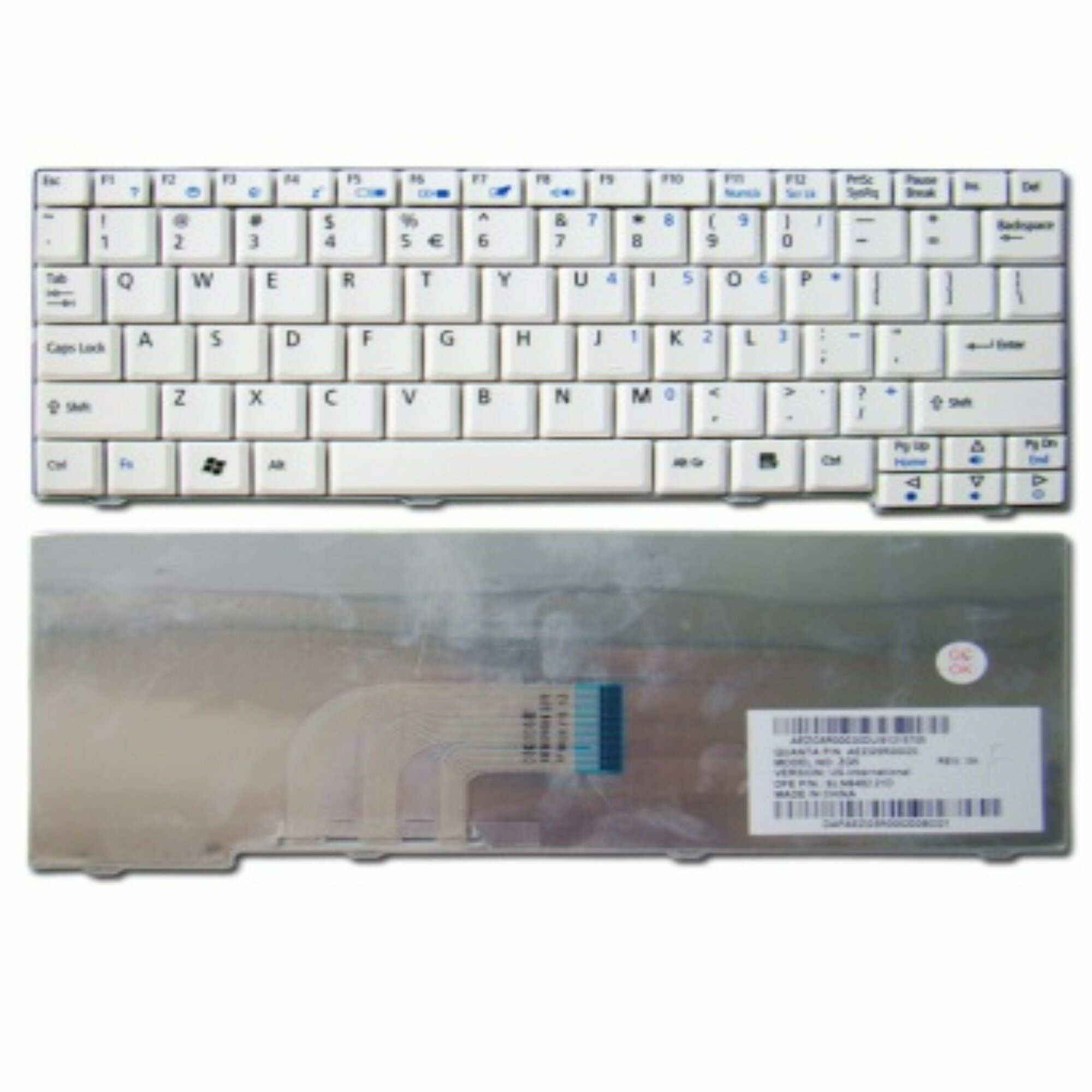 Клавиатура для ноутбука Acer Aspire One 531, A110, A150, D150, ZG5 Series. Г-образный Enter. Белая, без рамки. PN: 9J. N9482.00R