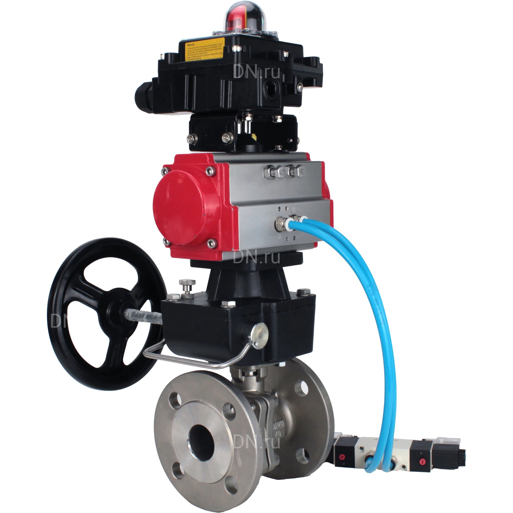 Кран шаровой DN.ru кшфп.316.200 Ду25 Ру40, фланцевый, полнопроходной, нержавеющая сталь SS316, уплотнение - PTFE, с пневмоприводом DA-065, пневмораспределителем PND1-S2EM-52-2-T10-220VAC, БКВ LSB-410-02ExM12-250, ручным дублером HDM-1
