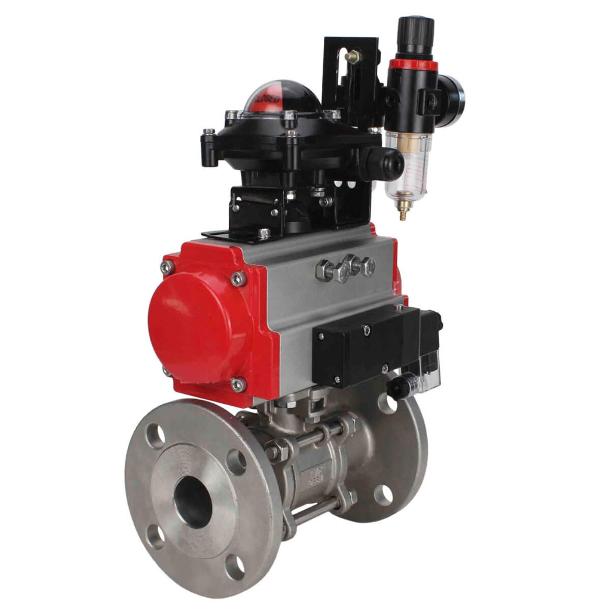 Кран шаровой DN.ru кшфпт 304.180 Ду65 Ру25 фланцевый, полнопроходной, трехсоставной, нержавеющая сталь 304, уплотнение PTFE, с пневмоприводом SA-105, пневмораспределителем 220VAC, БКВ LSB-210-02NM12-220/24 и БПВ APU1-10-40-V08 (опрессовано)