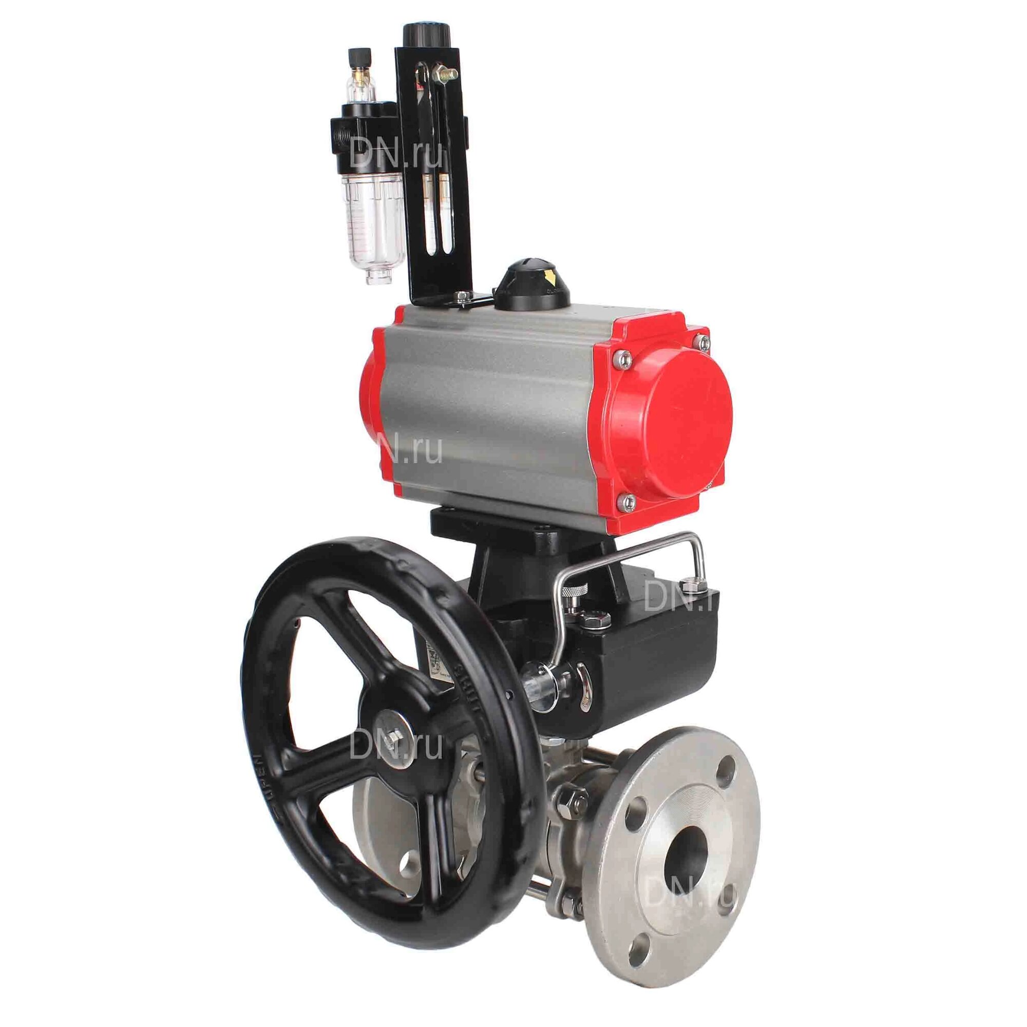 Кран шаровой DN.ru кшфпт.304.180 Ду50 Ру40, фланцевый, полнопроходной, трехсоставной, нержавеющая сталь SS304, PTFE, с пневмоприводом DA-083, с пневмораспределителем PND1-S2EM-52-2-T10-220VAC, ручным дублером HDM-2, БПВ APU1-10-40-V08