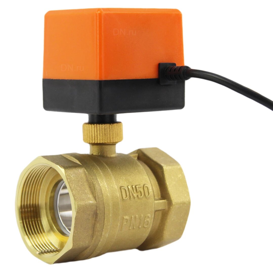 Кран шаровой DN.ru RP. BRASS.120. MM.050 2" Ду50 Ру16 стандартнопроходной двухходовой, латунь, внутренняя резьба, уплотнение - нитриловый каучук + PTFE, раб. темп. до 120°С, с электроприводом 24VDC без концевых выключателей
