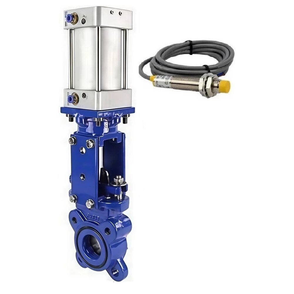 Задвижка шиберная DN.ru GGG40-304-EPDM-2W-Fb-2P Ду100 Ру16 двусторонняя, межфланцевая, шпиндель - выдвижной, корпус - чугун GGG40, шибер - нержав. сталь 304, EPDM, WENZ, с пневмоприводом и индукционными датчиками LS-12A3-00NI0-220VAC (опрессовано)