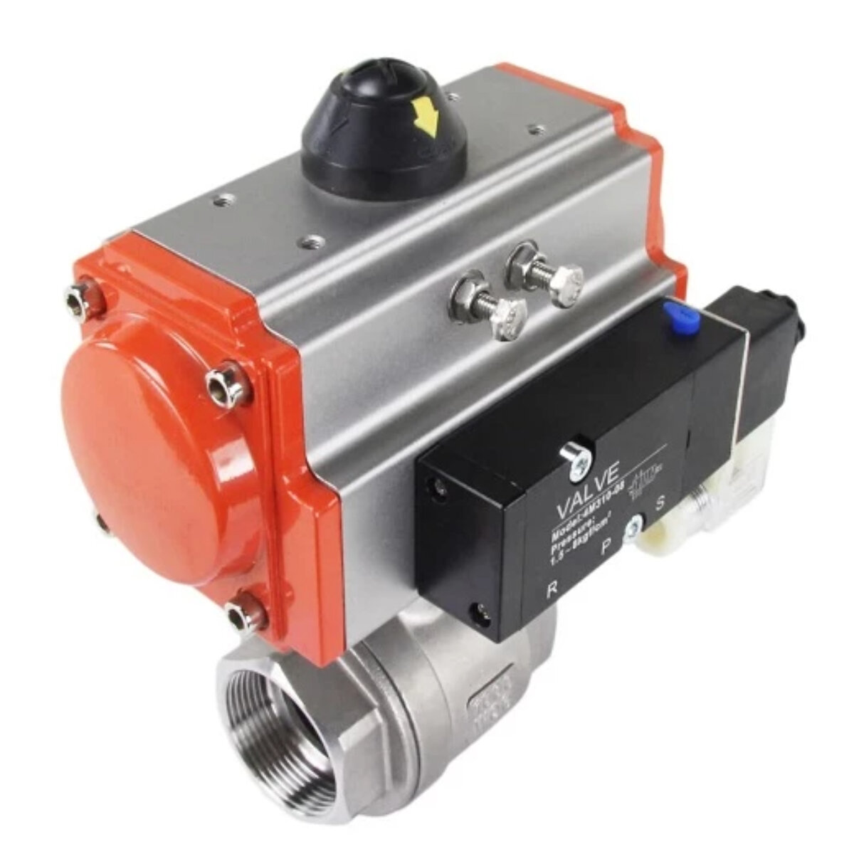 Кран шаровой DN.ru кшмп.316.230-ISO Ду32 Ру63 полнопроходной, внутренняя резьба, нержавеющая сталь 316, уплотнение - PTFE, с пневмоприводом SA-052, пневмораспределителем PND1-S2EM-52-2-T08-220VAC