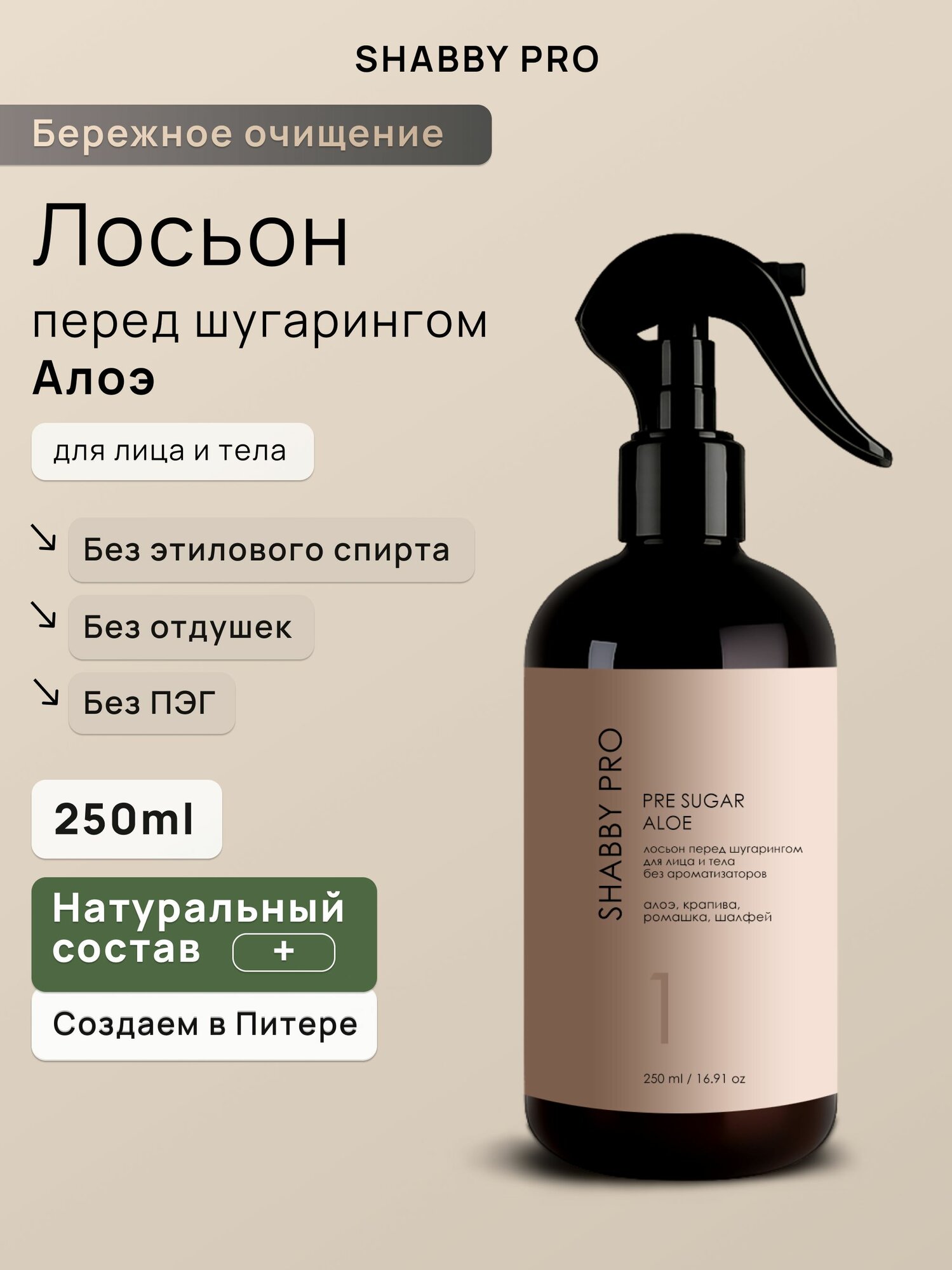 Лосьон перед шугарингом Алоэ SHABBY PRO 250 мл мицеллярный очищающий лосьон для лица и тела, без отдушек и эфирных масел, с ромашкой и крапивой, для чувствительной кожи, веганская формула