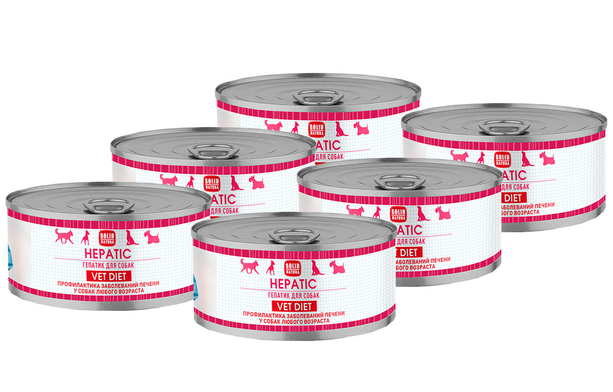 Корм влажный Solid Natura Vet Diet Hepatic диетический для собак и щенков при заболеваниях печени банка, 100 гр х 6 шт