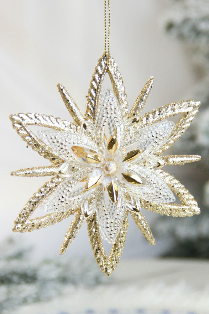 Снежинка брошка, акрил, прозрачная с золотом, 12 см, Forest Market 200175