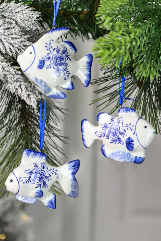 Набор ёлочных игрушек рыбки - делфтский аквариум, фарфор, 9 см, 3 шт, Kurts Adler J7792-набор