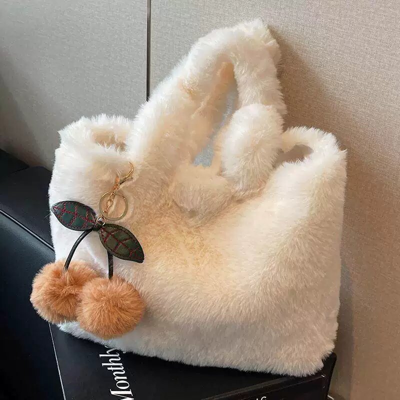 Милый плюшевый мешок для женщин, осенний и зимний пушистый мешок с молнией в виде вишни, новая модель 2025 года, супер одноплечевой ручной сумка-тоут