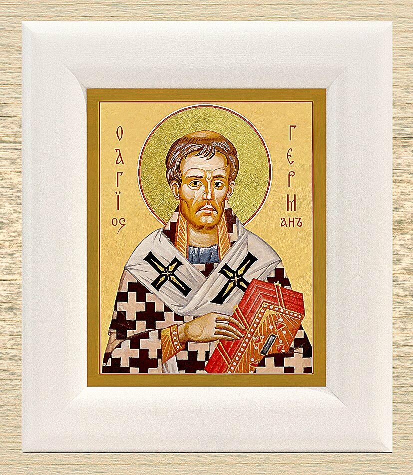 Святитель Герман, патриарх Константинопольский, икона в широкой белой деревянной рамке 14,5*16,5 см