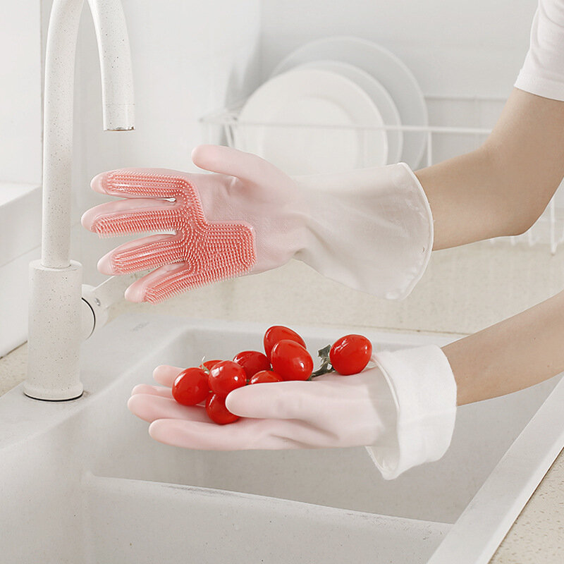 Перчатки для мытья посуды с флисовой подкладкой, красные перчатки, зимние утолщенные резиновые кухонные перчатки, водонепроницаемые и долговечные