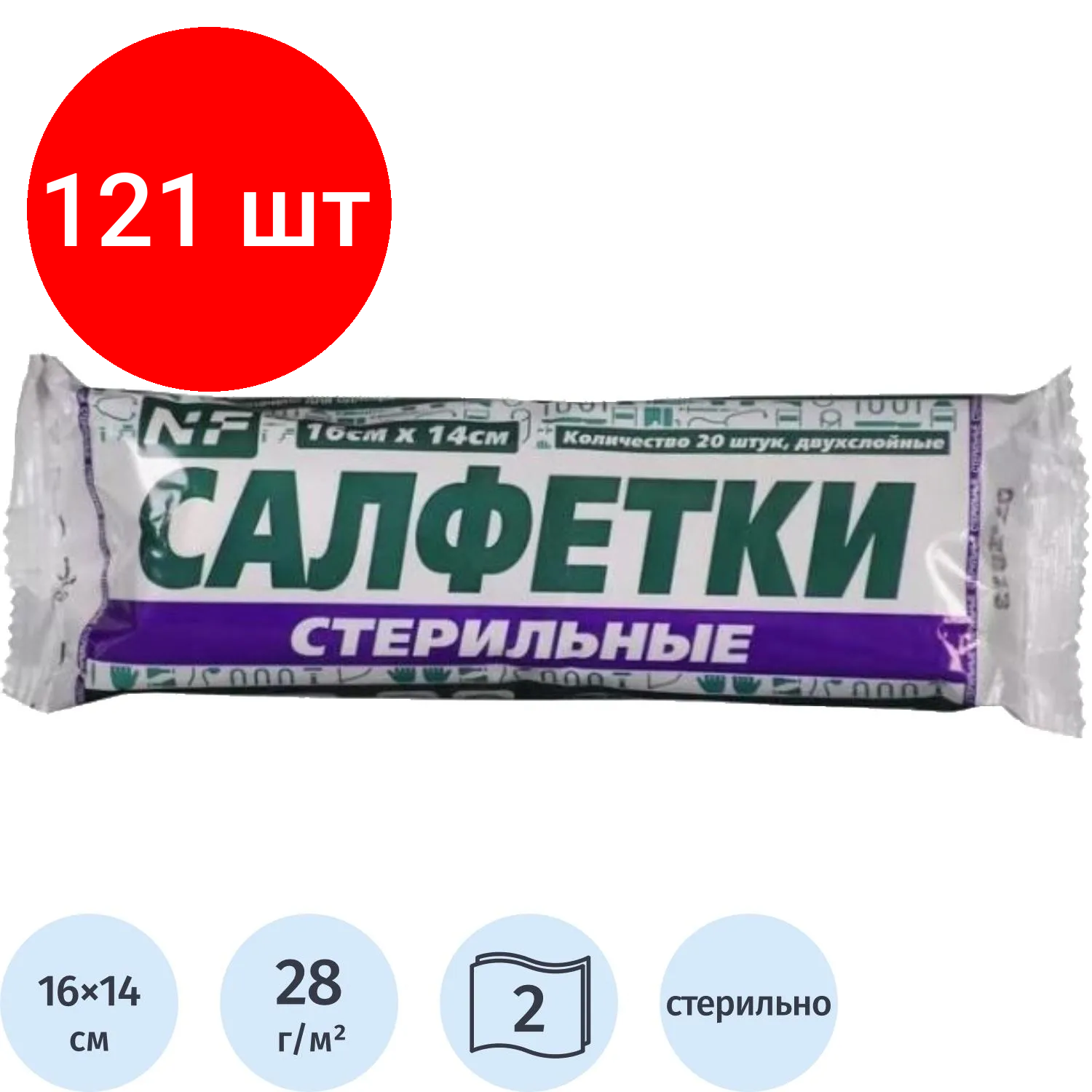 Комплект 121 упаковок, Перевяз. ср-ва Салфетка стер. 2-х слойная №20.16х14см, пл.28г WisemanШК30029