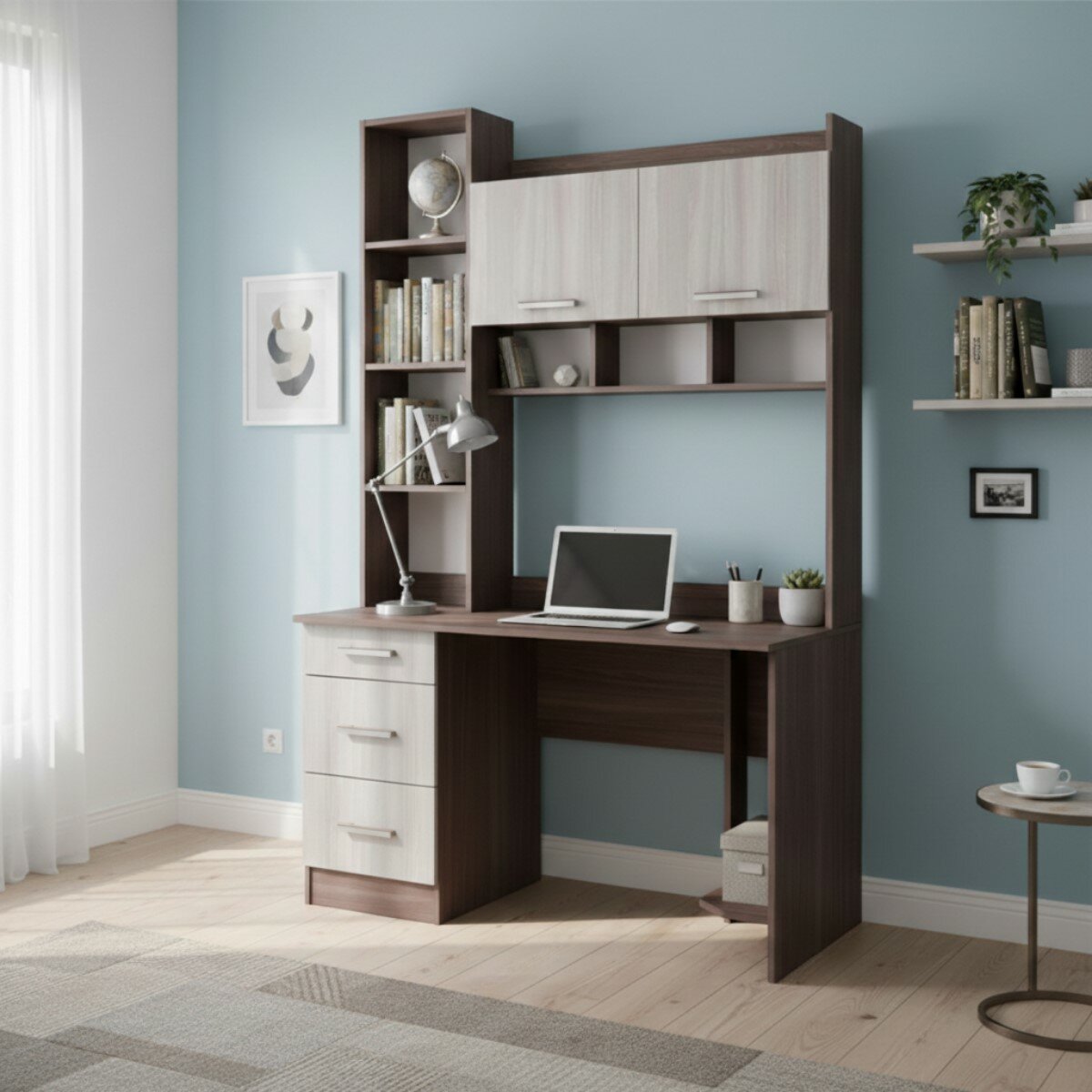 Стол компьютерный письменный Памир ПКС-5 с пеналом, полкой надстройкой и выдвижными ящиками, Ясень шимо тёмный/светлый