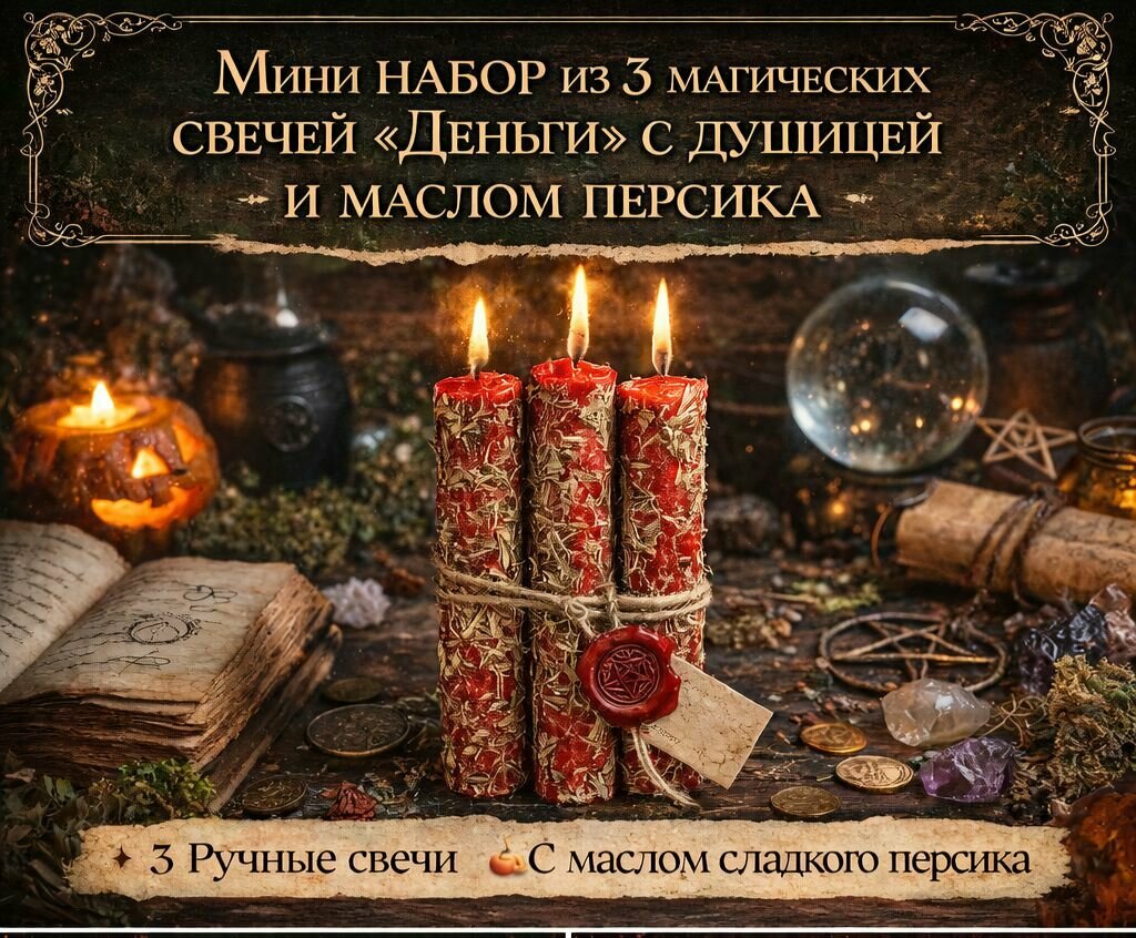 Мини набор из 3 магических свечей "деньги" с душицей и маслом персика в подарочной упаковке с сургучной печатью.