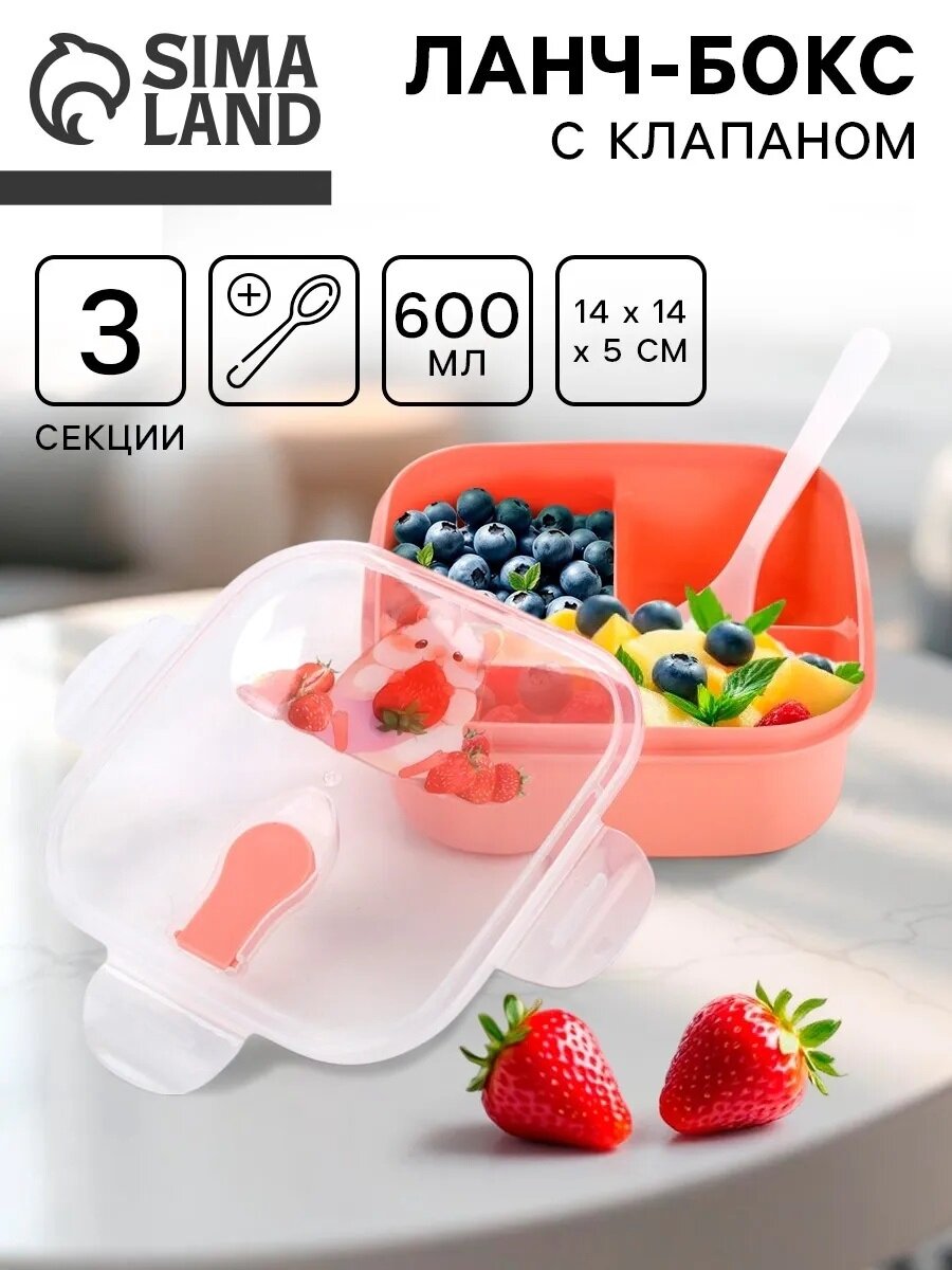 Ланч бокс "Хомячок", 14 х 14 х 5 см, 3 секции, с клапаном, с ложкой, пластик