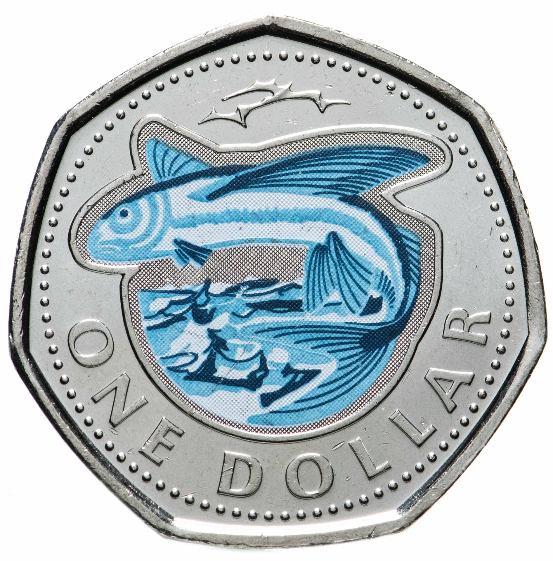 Барбадос 1 доллар 2020 "Летучие рыбы" цветное покрытие, Сталь с никелевым покрытием, в сохранности UNC