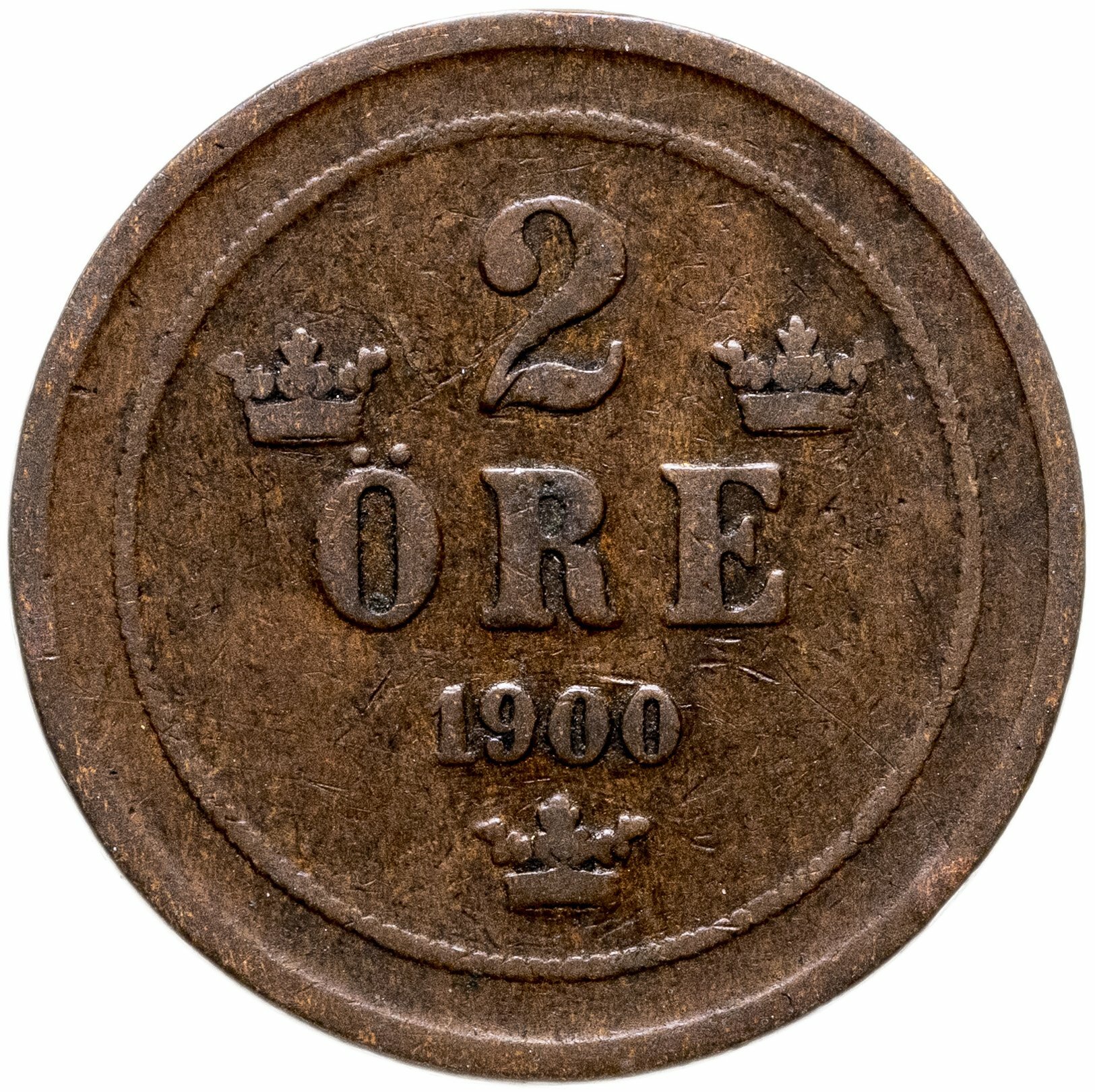 Швеция 2 эре ore 1877-1905, Бронза, в сохранности VF-XF