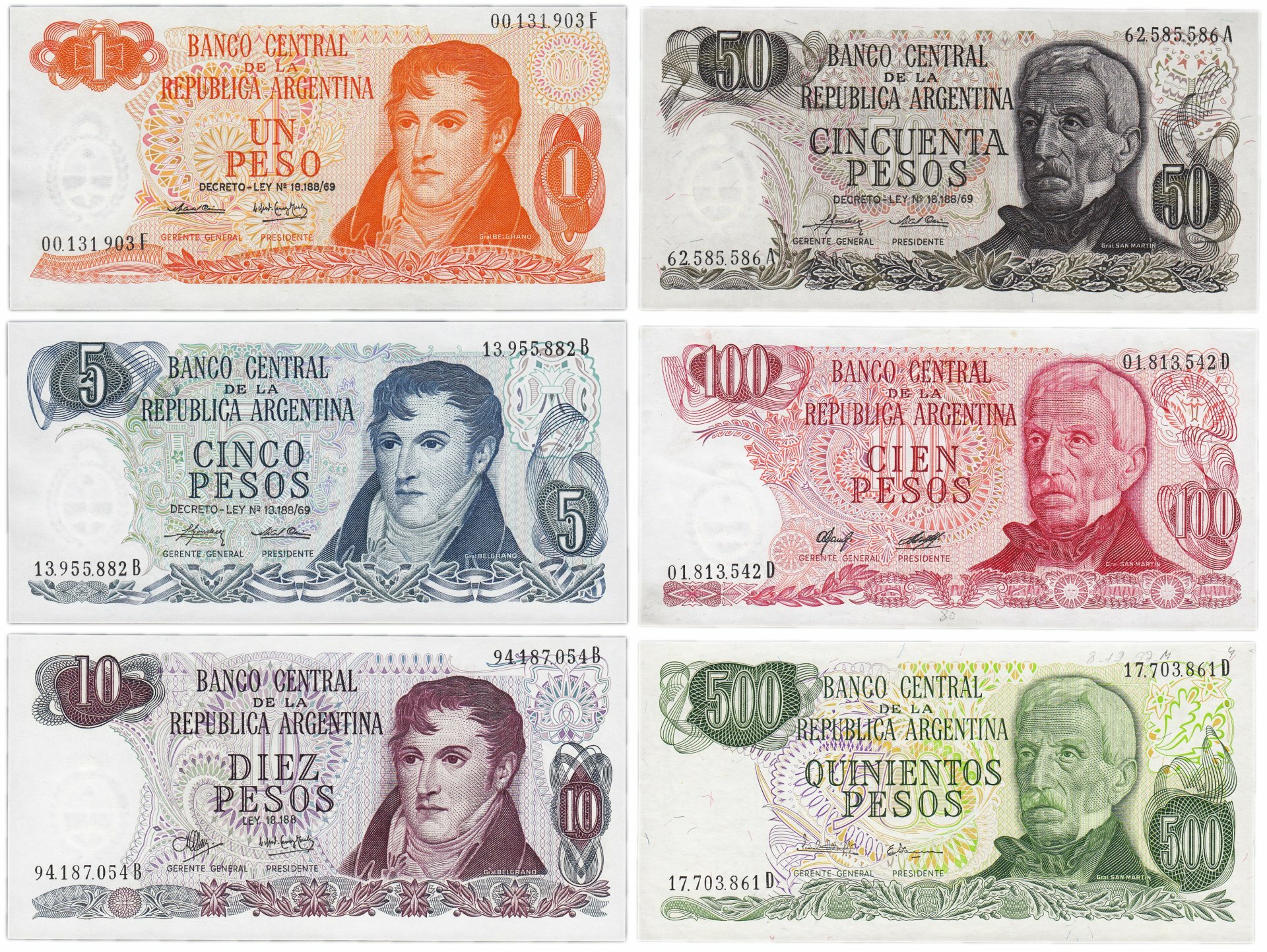 Аргентина - набор 6 банкнот - 1, 5, 10, 50, 100, 500 песо 1972-1983