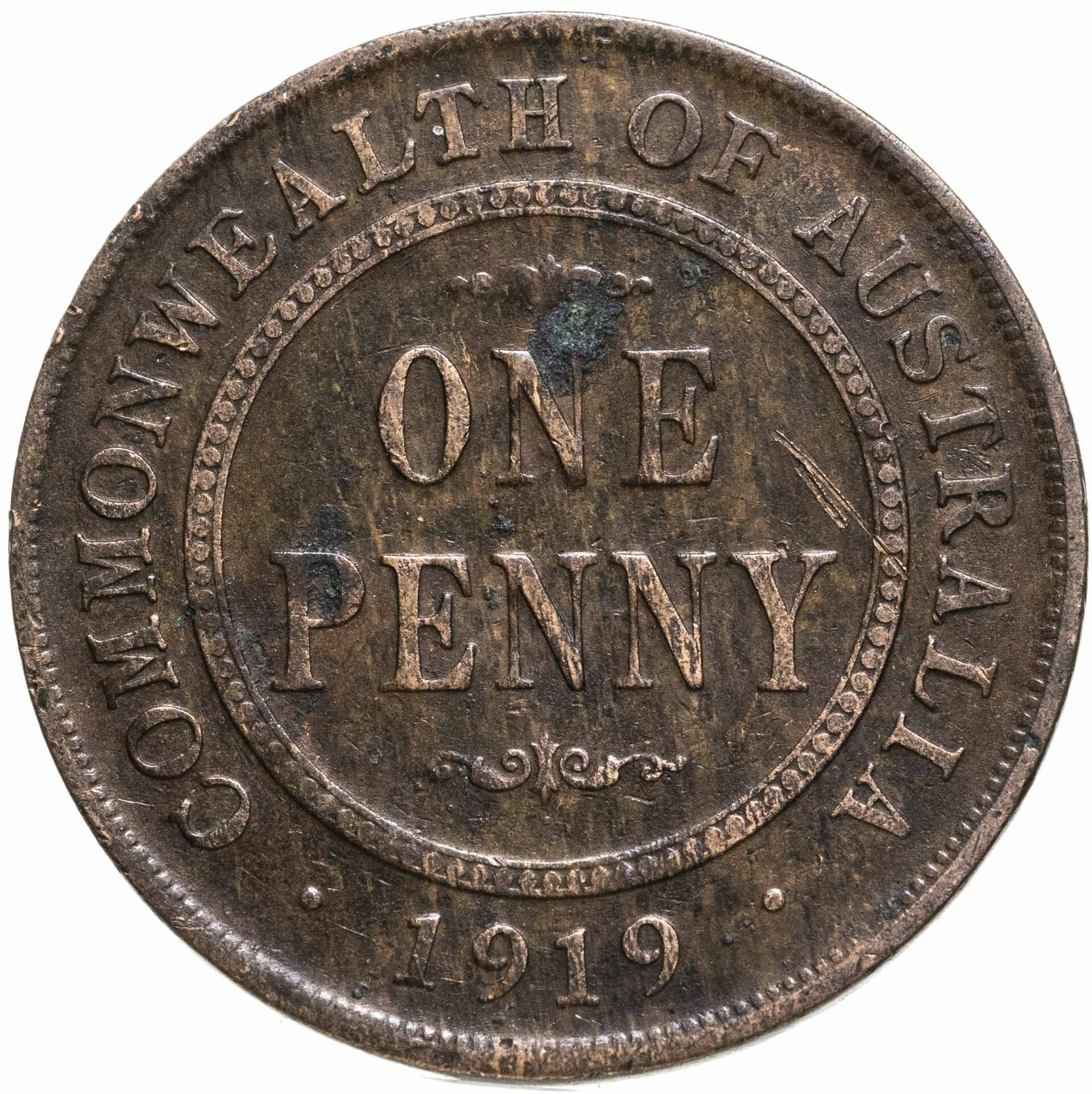 Австралия 1 пенни penny 1919 Точка под нижним свитком на реверсе, Бронза, в сохранности VF-XF