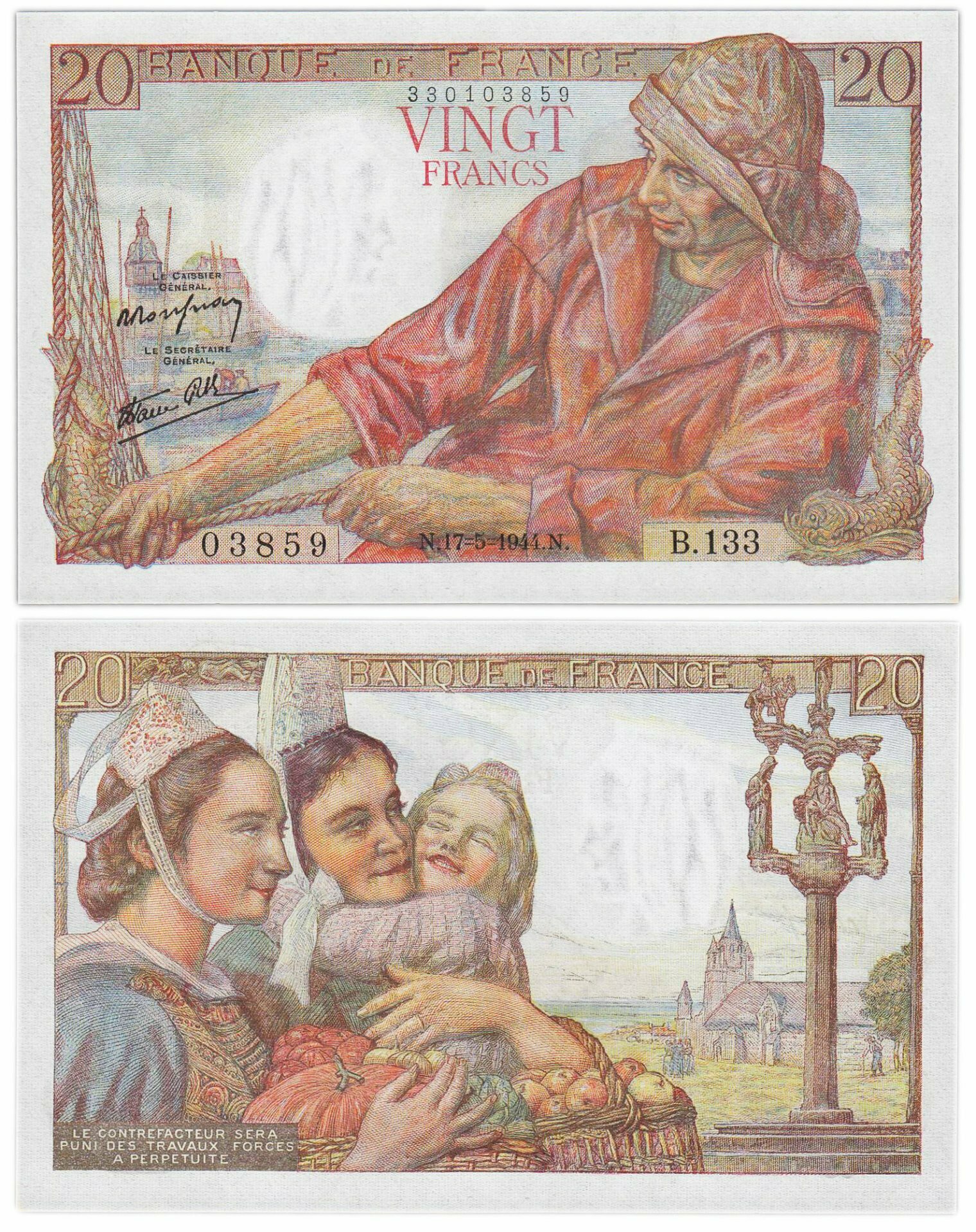Франция 20 франков 1944 Pécheur, Рыбак Pick 100