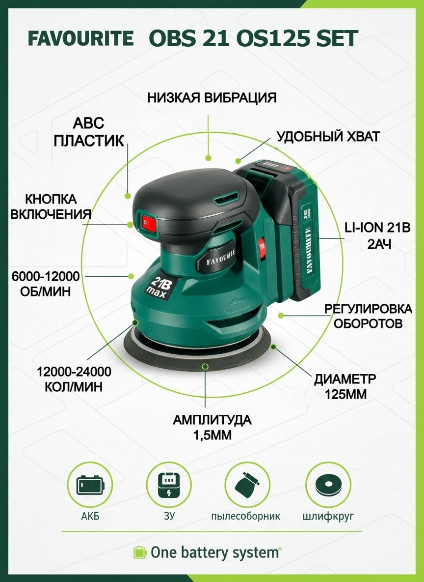Орбитальная шлифмашина FAVOURITE OBS 21 OS125 SET аккумуляторная Li-ion 21 В, 2/4/6 Ач, 125 мм, 6000-12000 об/мин. В комплекте АКБ+ЗУ