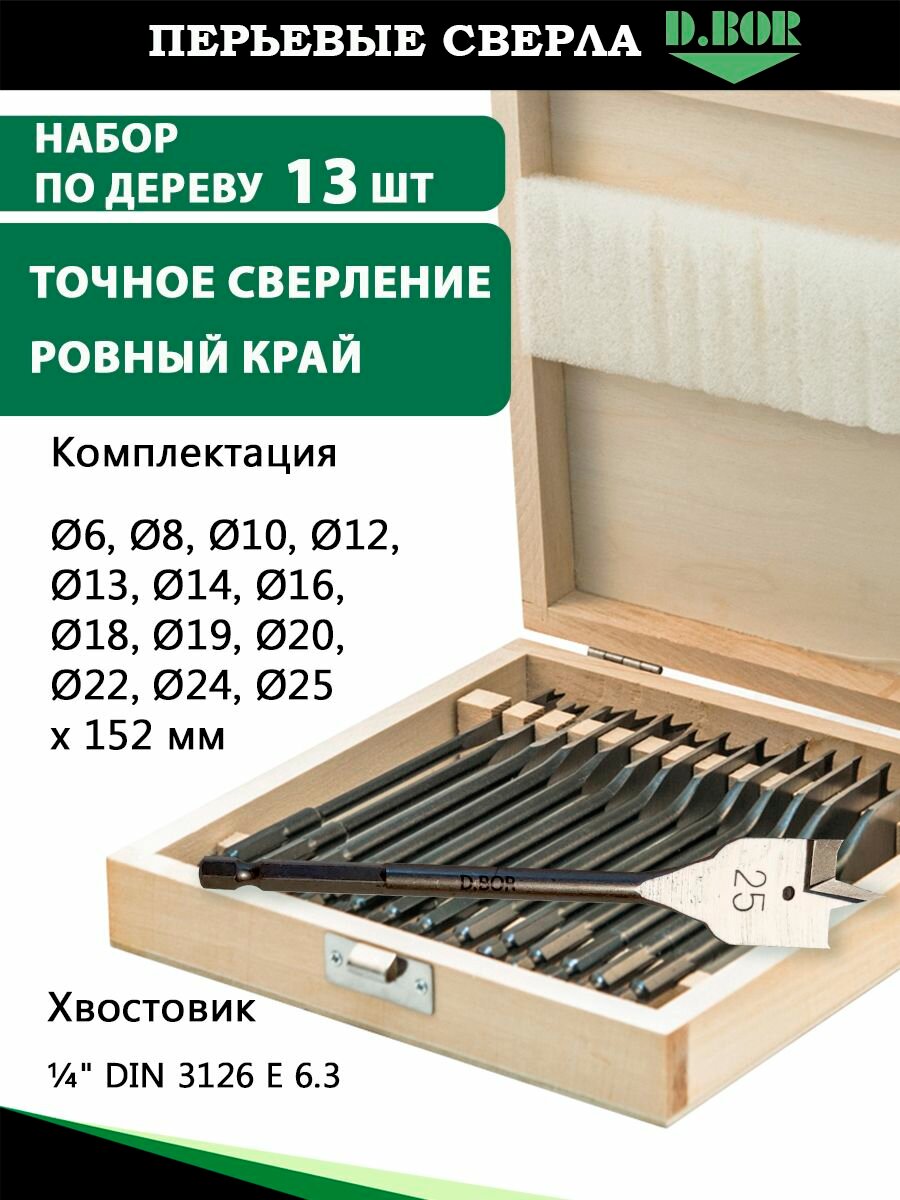 Сверла перьевые по дереву, набор 13 шт от 6-25 мм, D.BOR, шестигранник под шуруповерт, дрель