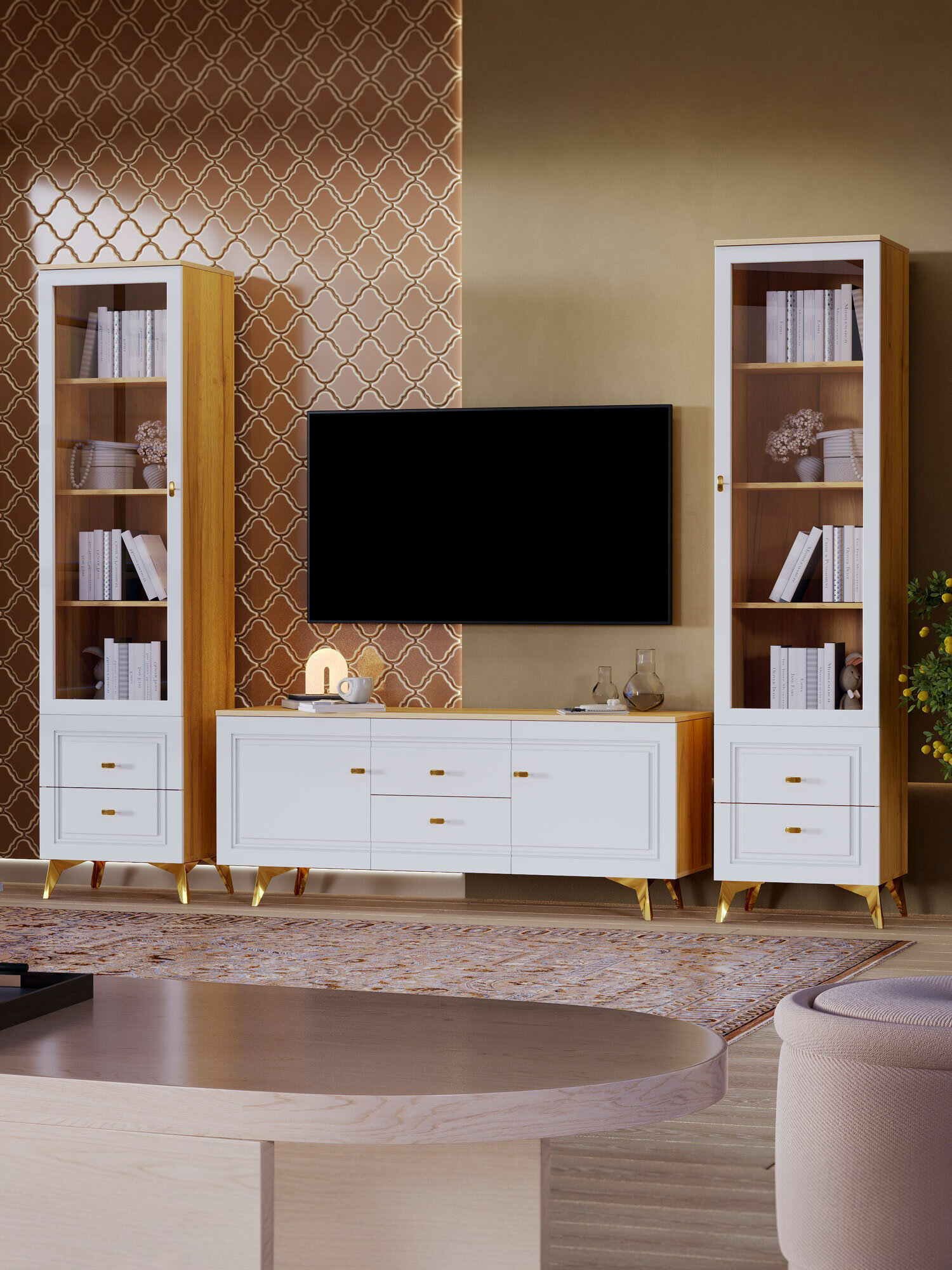 Гостиная комплект Вега Сапфир Мини, шкаф-витрина, ТВ-тумба, 261.5х42.4х205 см, Дуб золотистый / Белый глянец