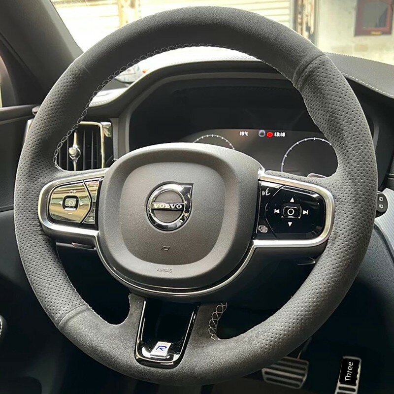 Чехол для руля Volvo XC60 2018-2025, искусственная кожа, полный покрытие, фуа-фур, белый, дырочки, белая строчка