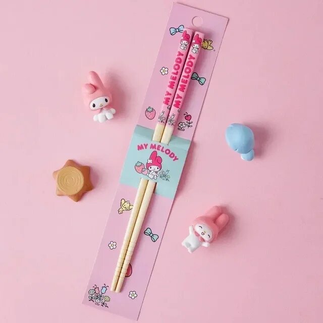 Палочки для еды Sanrio Hello Kitty из натурального бамбука, милые многоразовые столовые приборы для суши с мультяшным рисунком, кухонные принадлежности, деревянные палочки в китайском стиле.