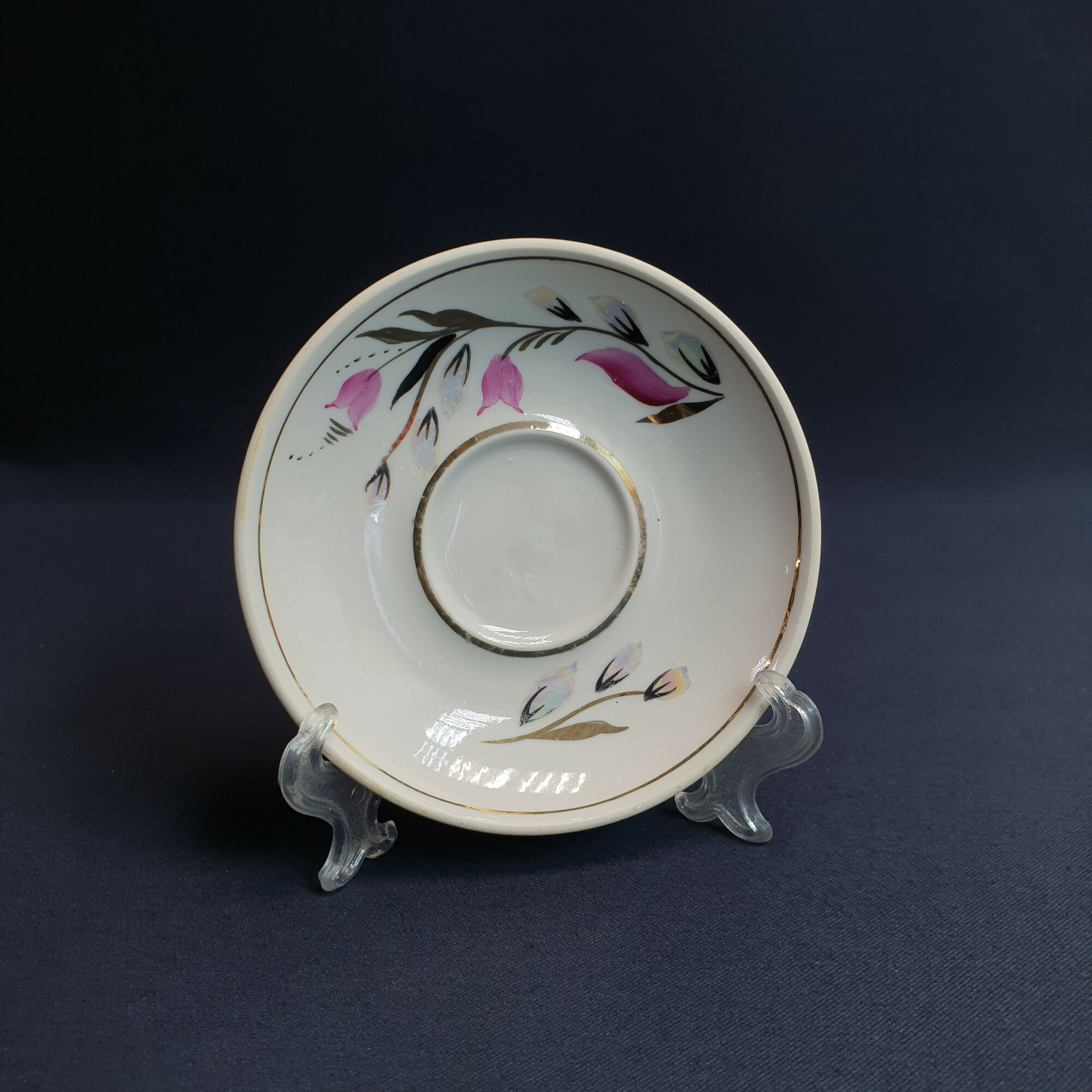 Блюдце кофейное Полонное, фарфор деколь роспись позолота 11 см, винтаж СССР