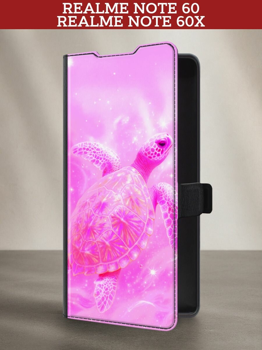Чехол-книжка на Realme Note 60/Note 60X / Реалми Нот 60/Нот 60Х с принтом Черепаха фуксия, черный