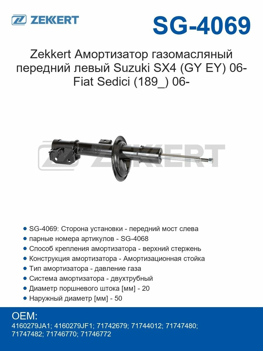 Zekkert Амортизатор газомасляный передний левый Suzuki SX4 (GY EY) 06- Fiat Sedici (189_) 06-