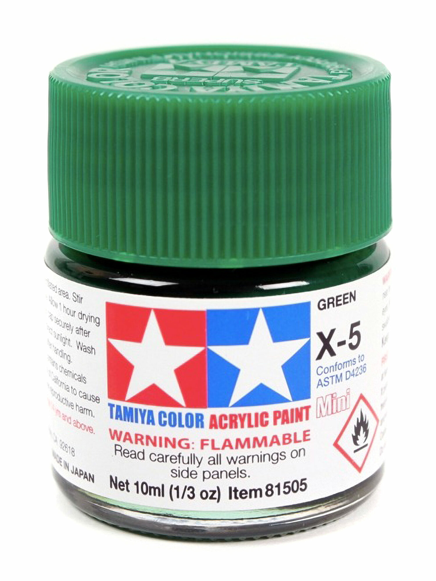 Краска акриловая Tamiya Color X-5 Green 81505 зеленая глянцевая, 10 мл