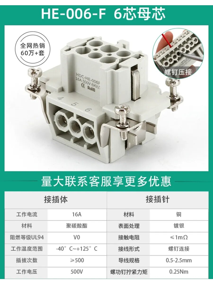 Разъем HDC-HE, 6 жил, одинарный, женский контакт