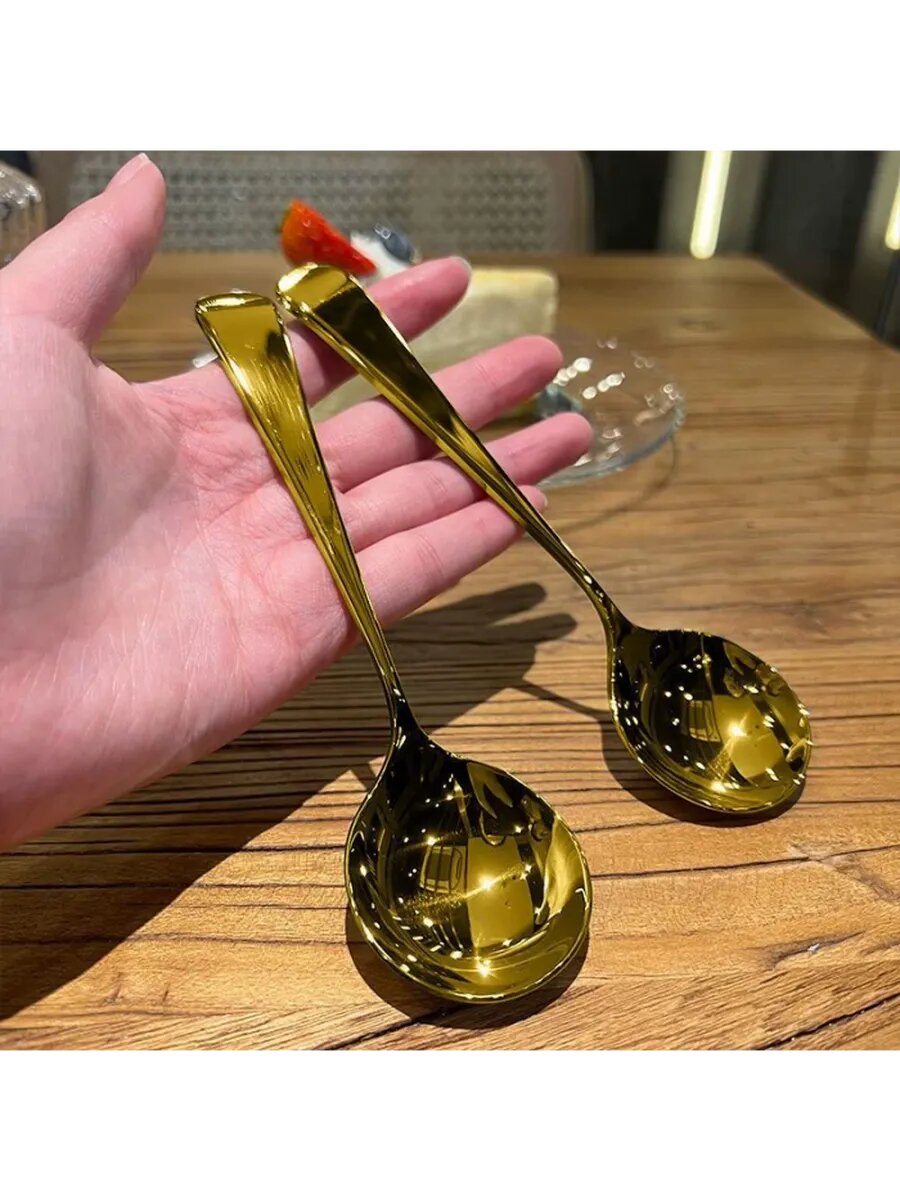 Утолщённая круглая ложка корейская, нерж. сталь, золото-2