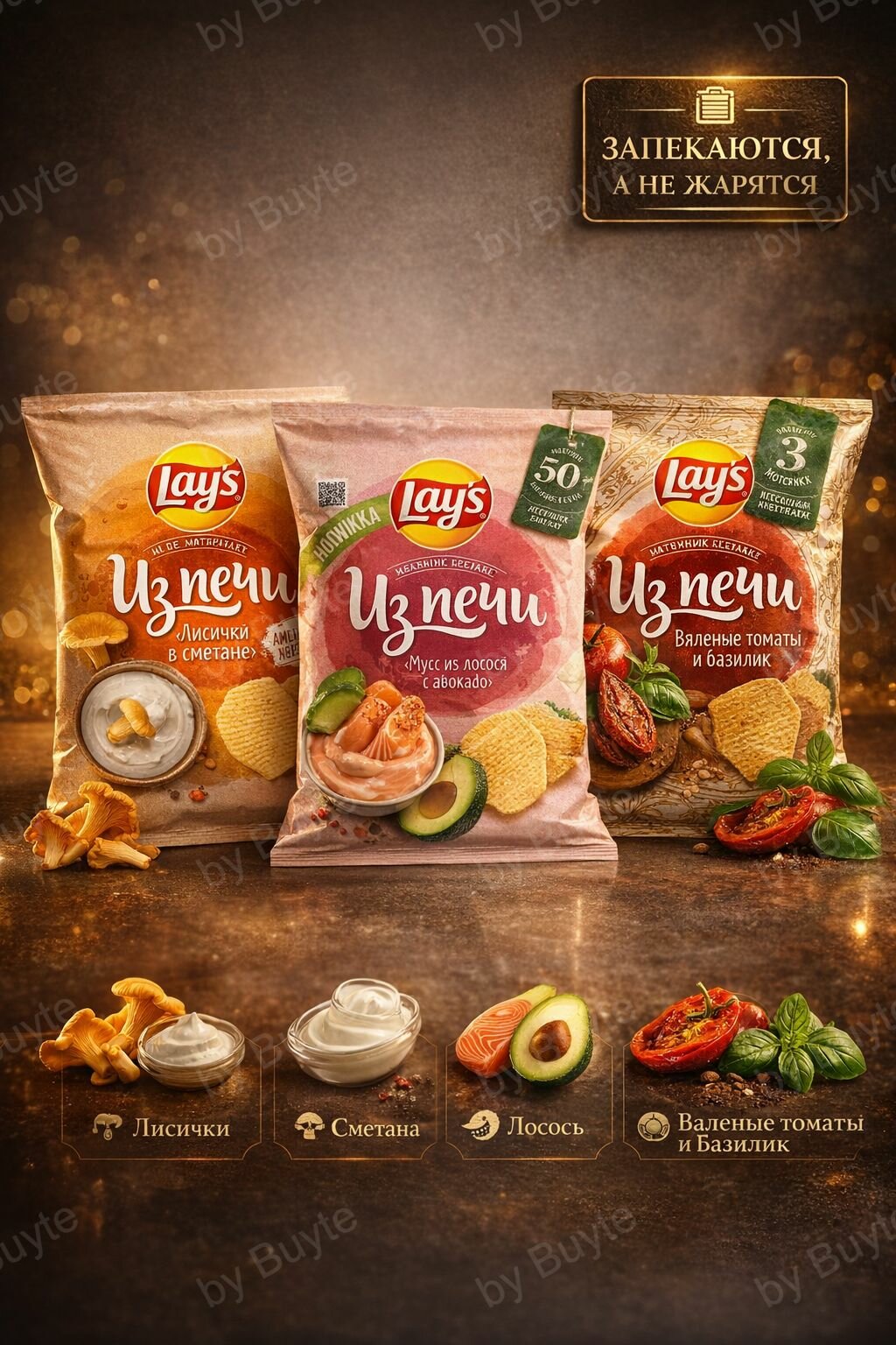 Чипсы запеченные картофельные Lay's/ Лейс Из печи Лисички в сметане/Мусс из лосося с авокадо/Вяленые томаты-базилик, 3 пачки