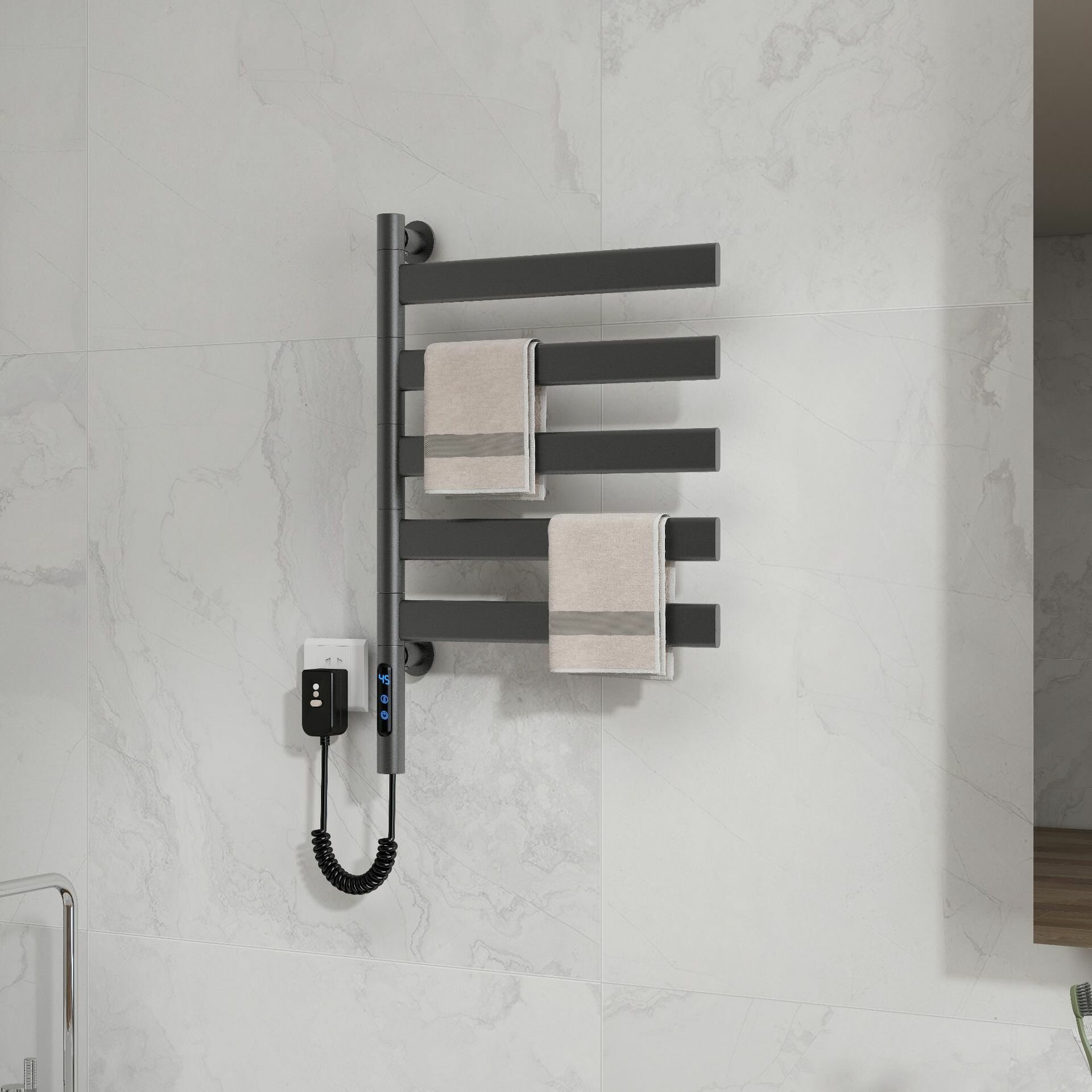 Космический алюминиевый умный электрический подогреваемый полотенцесушитель с постоянной температурой, вращающаяся стойка для хранения из нержавеющей стали без сверления