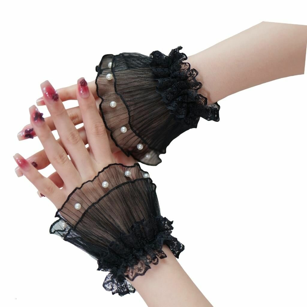 Манжеты с искусственным жемчугом и кружевом, Черный
