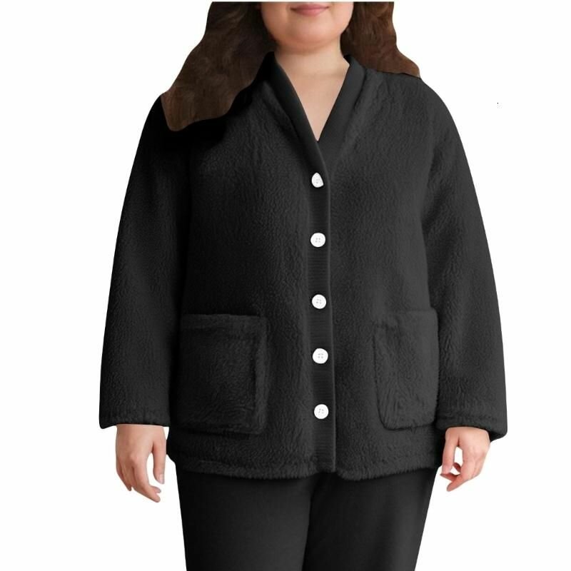 Женская флисовая пижамная кофта с карманом, Черный - S