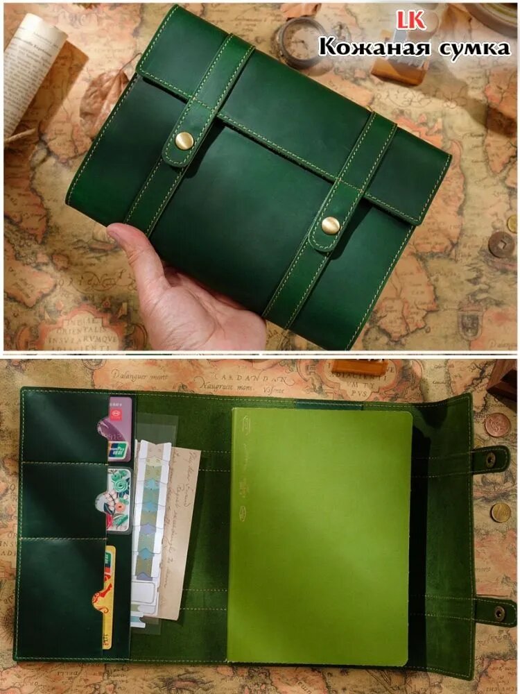 Обложка из натуральной кожи для блокнота, ежедневника, книги А5 зеленого цвета